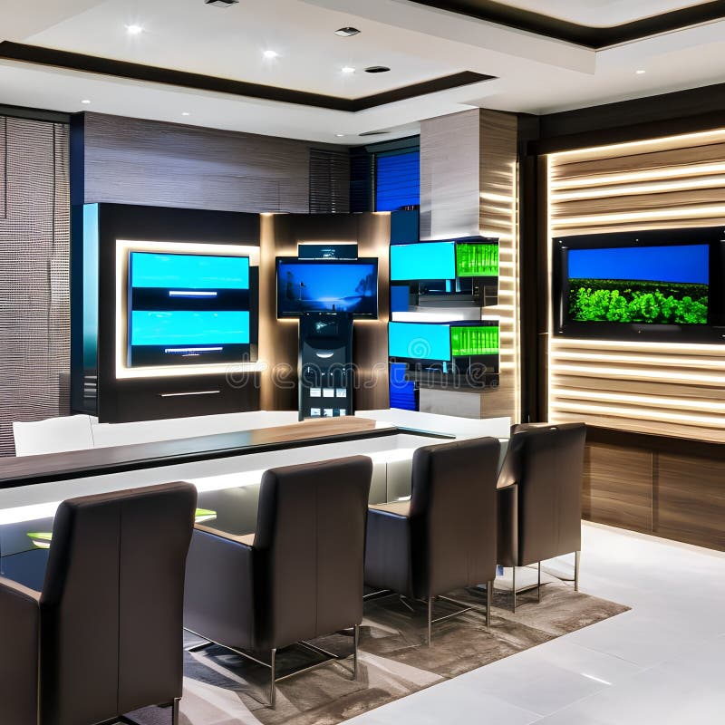 A Modern, High-tech Smart Home Control Room with Touchscreen Panels and ...