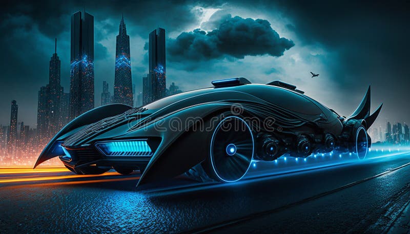 Modern High-tech Sport Car with Neon Light on a Background Night City ...