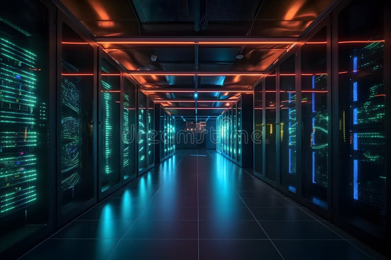 Modern High-Tech Telecommunications Operational Data Center in Neon ...
