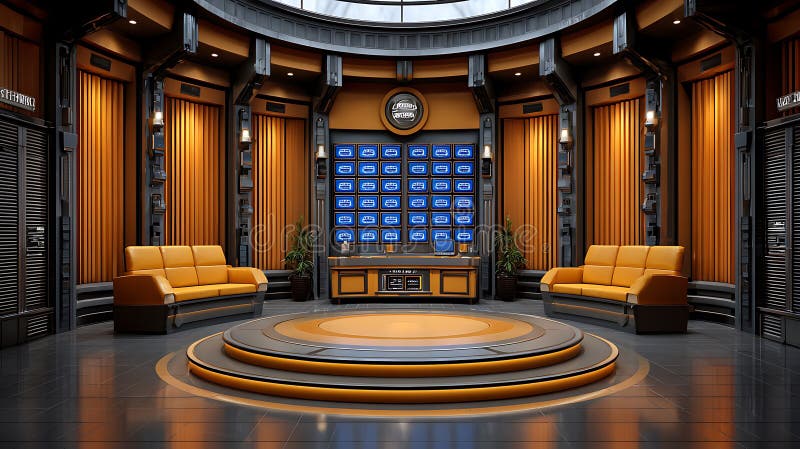 Futuristic Television Studio with Orange Seating and a Grid of Blue ...