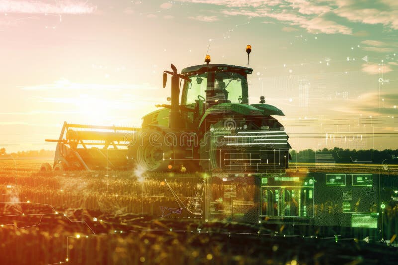Modern Tractor Farming in a Field at Sunset with Futuristic Digital ...