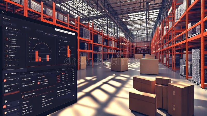Modern High Tech Warehouse Interior with Shelving Boxes and Inventory Management System Stock ...