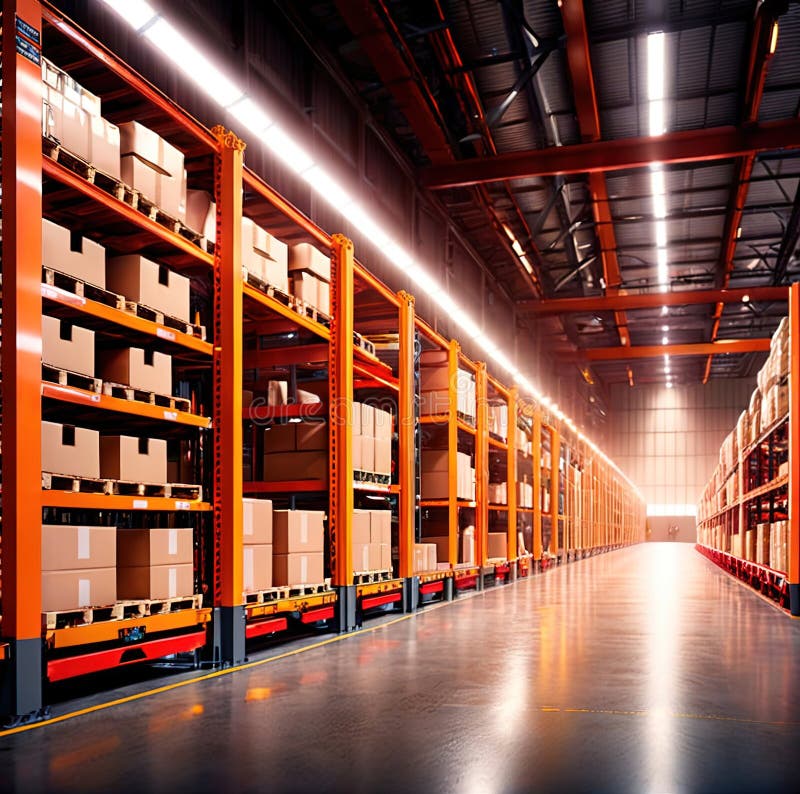 Modern High Tech Warehouse with Stacked Shelves of Boxes for Stock ...