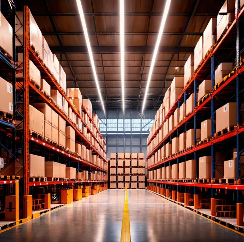 Modern High Tech Warehouse with Stacked Shelves of Boxes for Stock ...