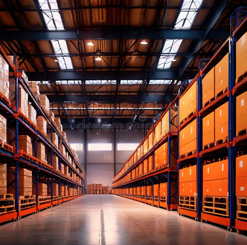 Modern High Tech Warehouse with Stacked Shelves of Boxes for Stock ...