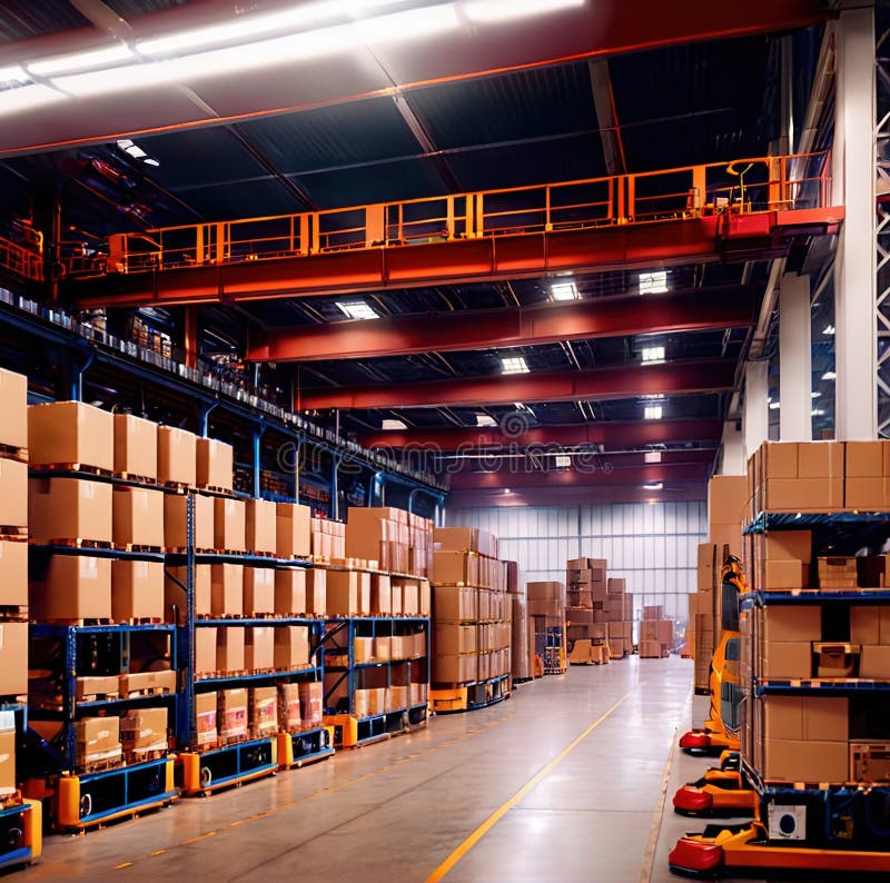 Modern High Tech Warehouse with Stacked Shelves of Boxes for Stock ...