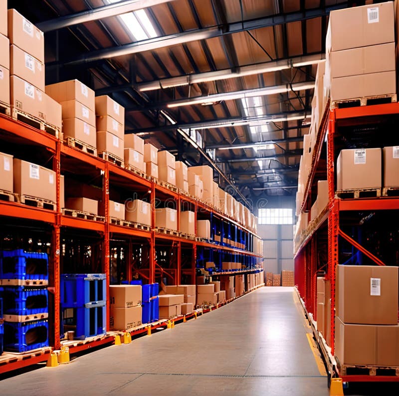 Modern High Tech Warehouse with Stacked Shelves of Boxes for Stock ...