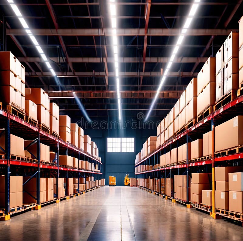 Modern High Tech Warehouse with Stacked Shelves of Boxes for Stock ...
