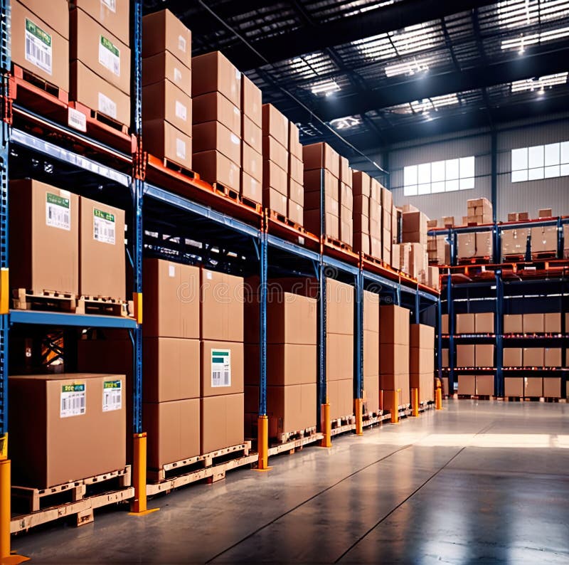 Modern High Tech Warehouse with Stacked Shelves of Boxes for Stock ...