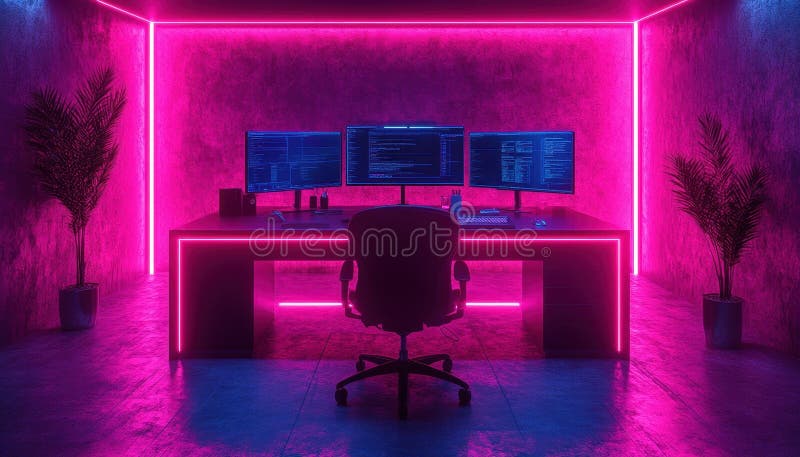 A Modern High-tech Workspace with Neon Lighting in a Dark Room during ...