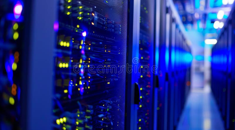 A Modern HighTech Server Room Featuring Illuminated Racks and Advanced ...