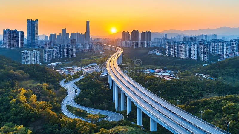 Modern Highway Overlooking City Skyline at Sunset Generated Using AI ...