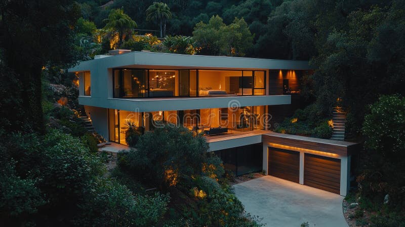 Modern Hillside Home at Dusk with Illuminated Interior and Lush ...