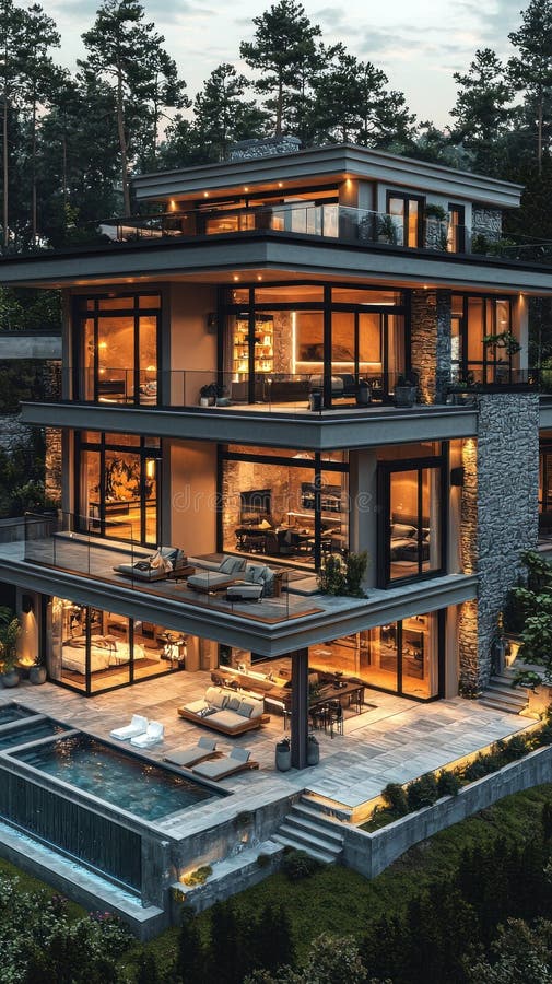 Modern Hillside Home at Dusk with Pool, Forest View, and Illuminated ...