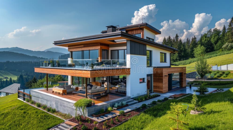 Modern Hillside Home with Large Windows and Spacious Outdoor Deck ...