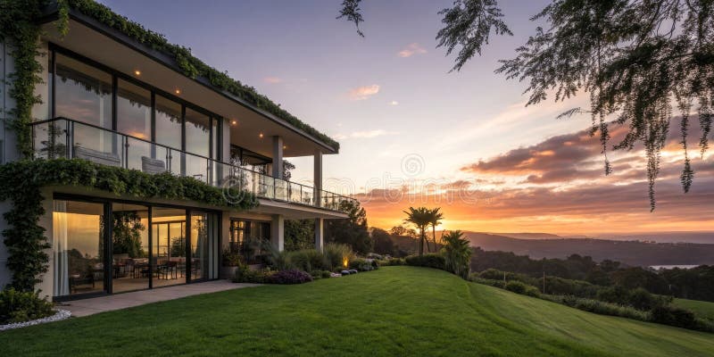 Modern Hillside Home with Sunset View and Lush Landscaping. Generative ...
