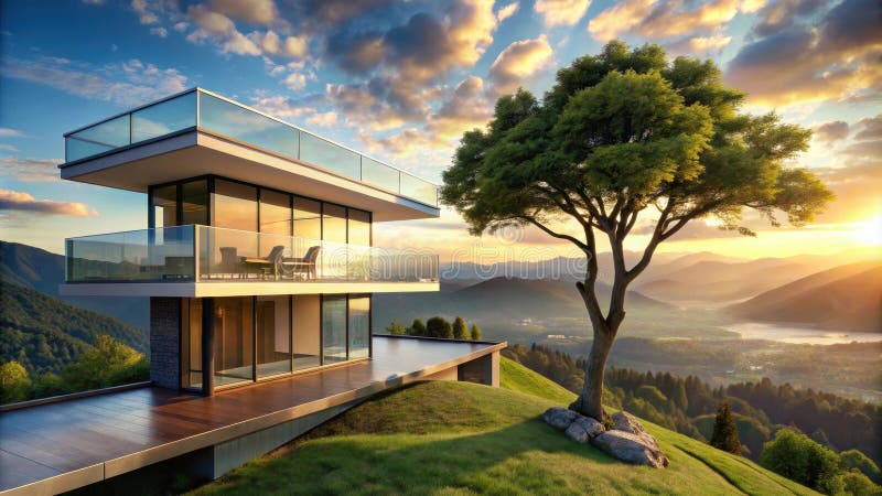 Modern Hillside Home with Sunset View and Tree. Generative AI Stock ...