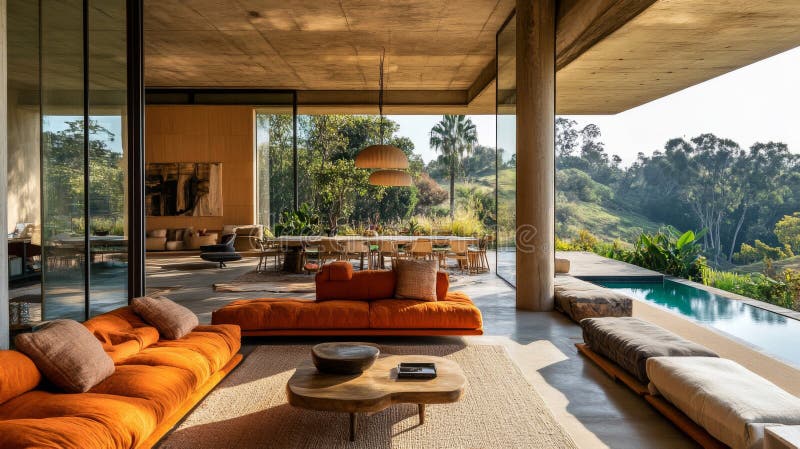 Modern Hillside House with Orange Sofa and Infinity Pool Stock ...