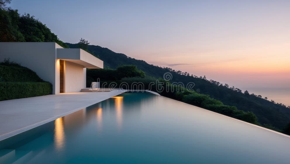 Modern Hillside Residence with Infinity Pool at Dusk Stock Image ...
