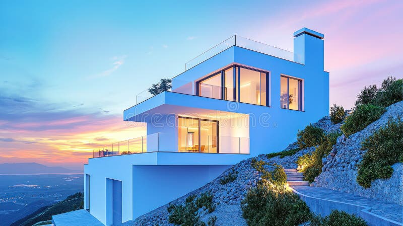 Modern Hillside Villa at Sunset with City View Stock Illustration ...