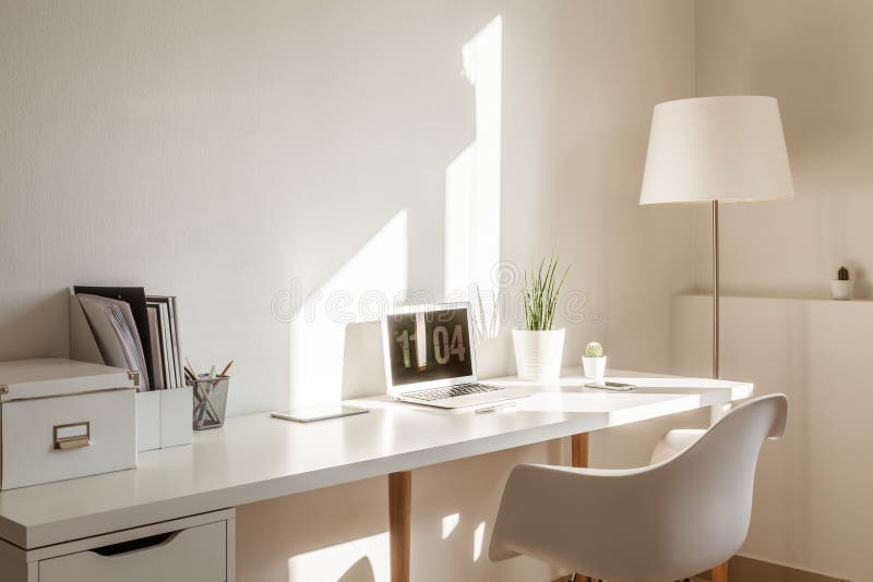 Modern Hipster White Workplace Interior Stock Image - Image of cactus ...