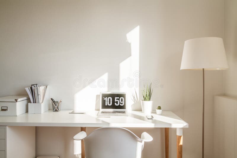 Modern Hipster White Workplace Interior Stock Photo - Image of lamp ...