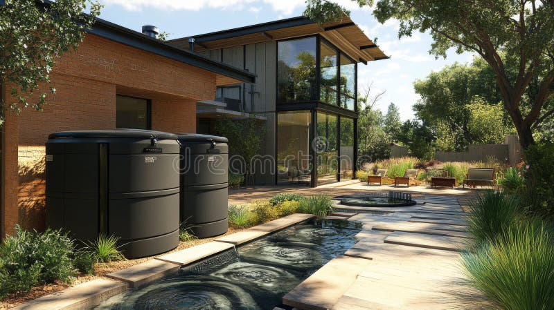 Modern Home with Black Water Tanks and Backyard Pool Stock Illustration ...