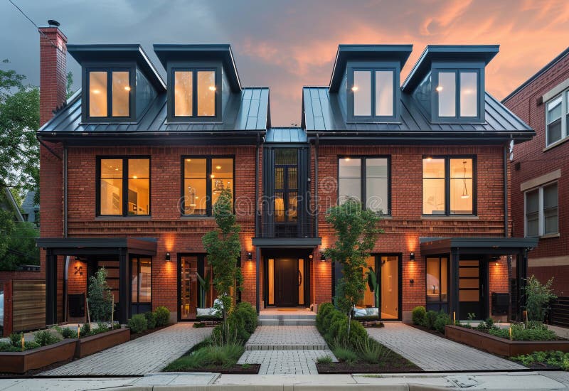 Modern Home with Brick Exterior and Black Windows. Stock Photo - Image ...