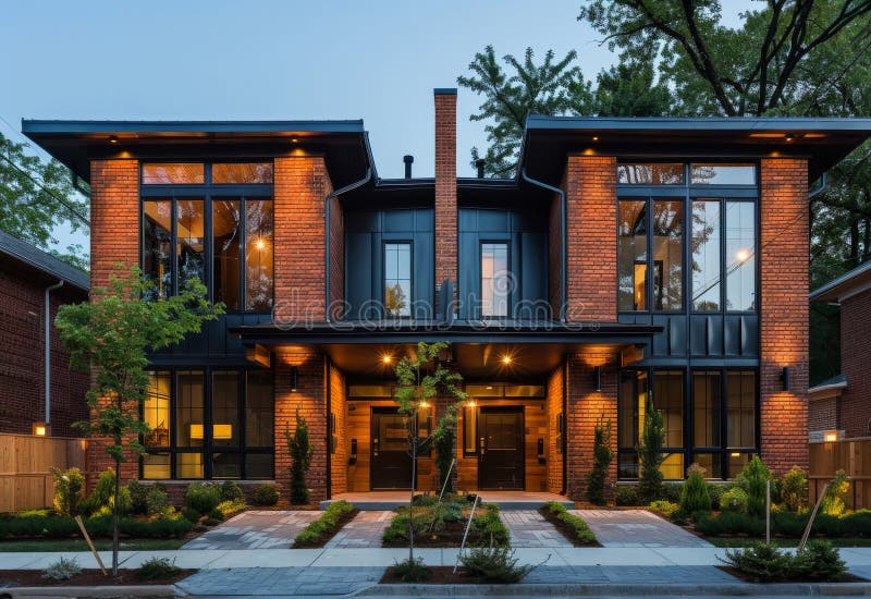 Modern Home with Brick Exterior and Large Front Porch. Stock Photo ...