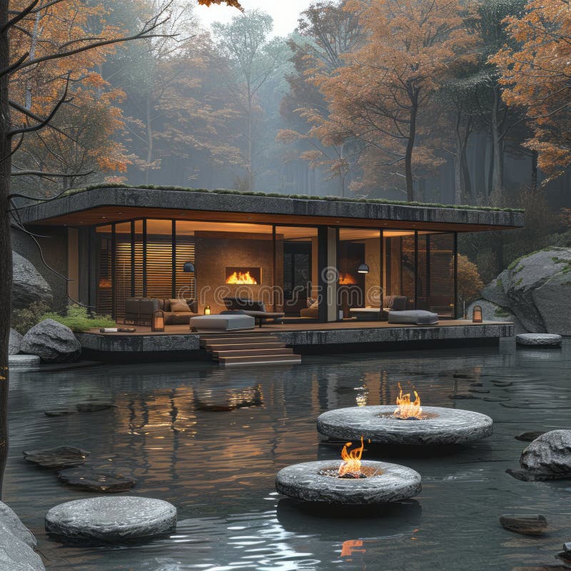 Modern Home Built Over Water Stock Photo - Image of surround, stone ...