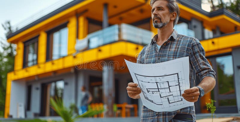 Modern Home Construction Manager with Blueprints Residential Building ...