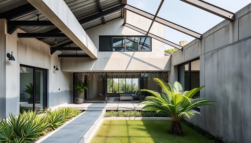 Modern Home Courtyard with Palm Tree and Green Gra... Stock Image ...