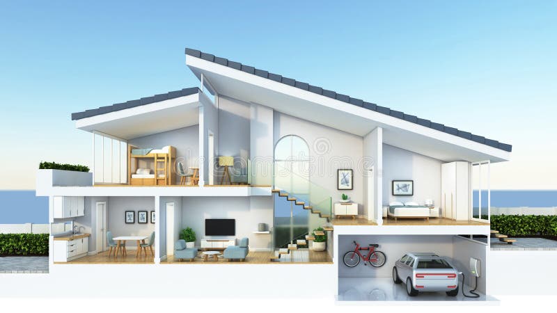 Modern Home Cross Section, 3d Rendering Stock Illustration ...