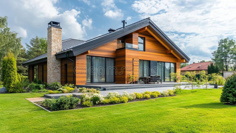 Modern Home Design, Wood Cladding Exterior, Landscaped Yard Stock ...