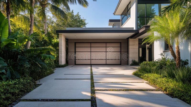Modern Home Entrance with a Sleek Garage and Landscaped Pathway Stock ...