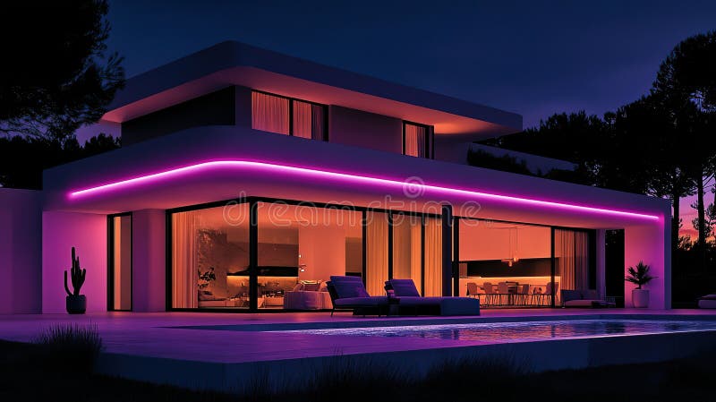 Modern Home Exterior Illuminated by Vibrant, Ambient Lighting. Exterior ...
