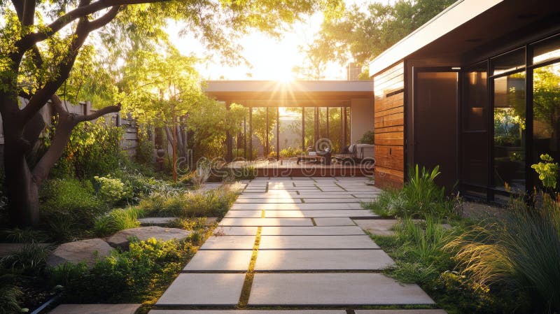 Modern Home Garden with Stone Pathway at Sunset Stock Illustration ...