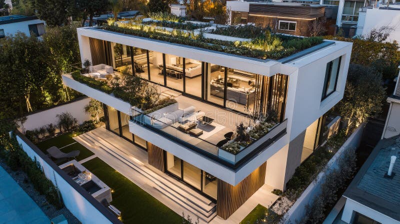 Modern Home with a Green Roof, Large Windows, and a Backyard with a ...