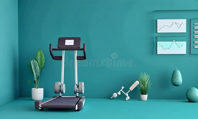 Modern Home Gym Setup Featuring a Treadmill and Weights Against a ... Modern Home Gym Setup Featuring a Treadmill and Weights Against a ...