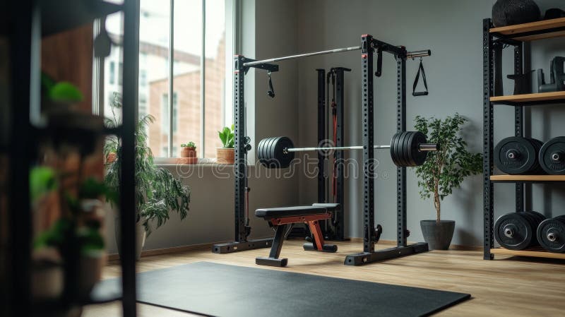 Modern Home Gym with Weightlifting Equipment and Plants Stock ...