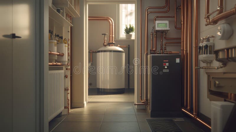 Modern Home Heating System with Advanced Boiler and Copper Pipes Stock ...