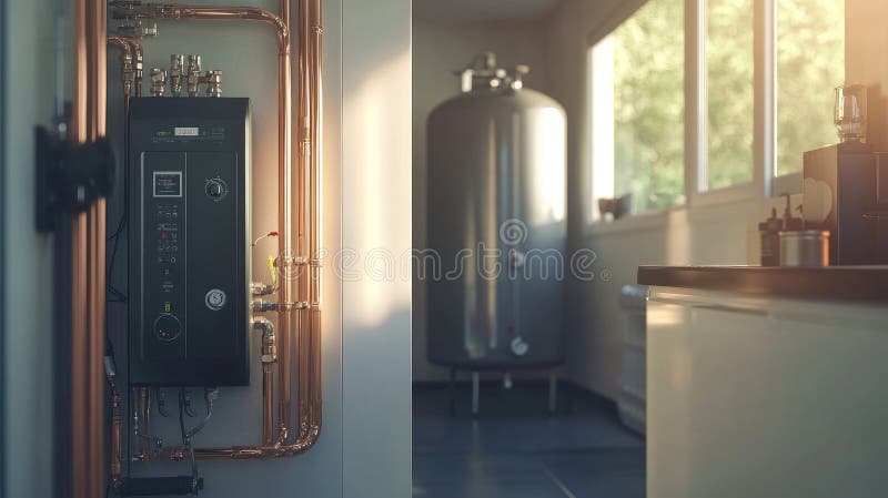 Modern Home Heating System with Advanced Boiler and Copper Pipes Stock ...