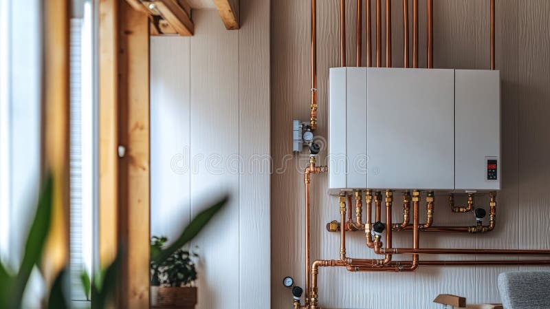 Modern Home Heating System with Advanced Boiler and Copper Pipes Stock ...