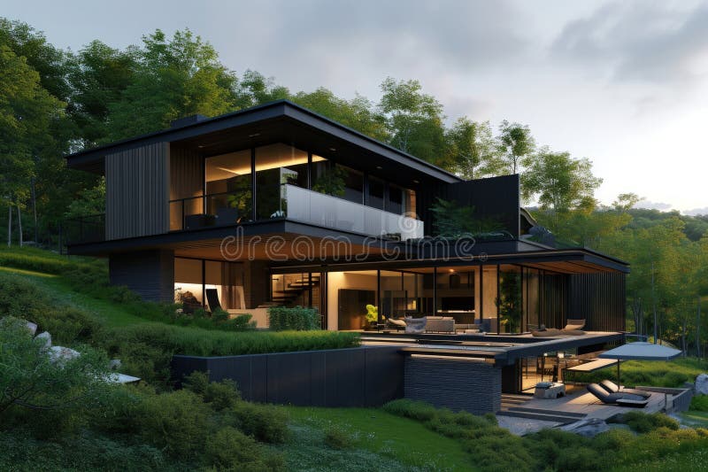 Modern home on a hillside stock image. Image of lifestyle - 303386073