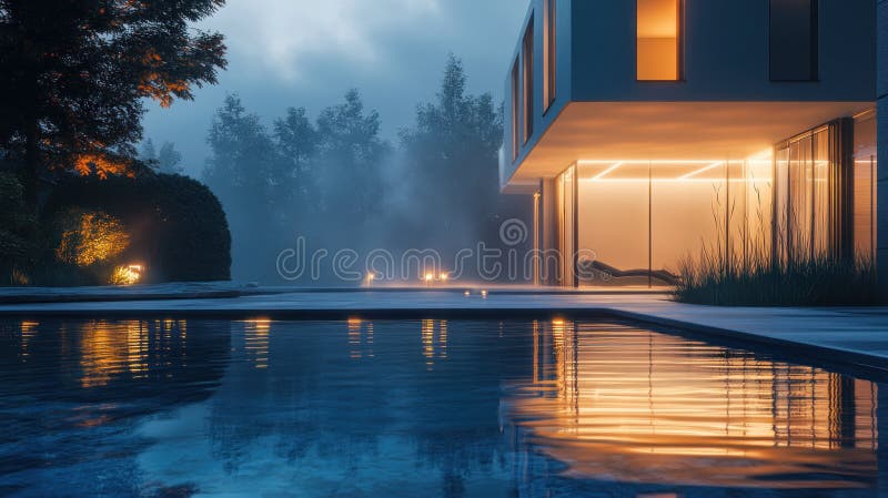 Modern Home by Illuminated Pool in Atmospheric Evening Fog Stock ...