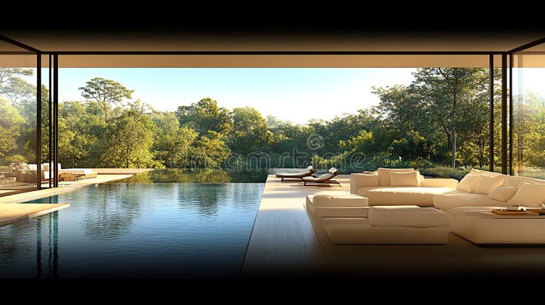 Modern Home Infinity Pool, Forest View, Luxury Lounge Stock Photo ...