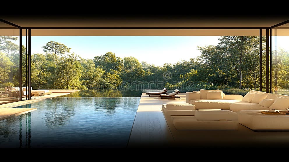 Modern Home Infinity Pool, Forest View, Luxury Lounge Stock Photo ...