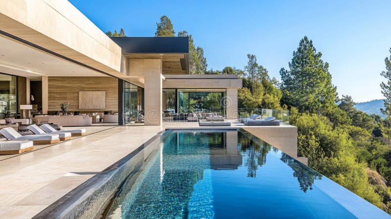 Modern Home with Infinity Pool and Mountain View Stock Illustration ...