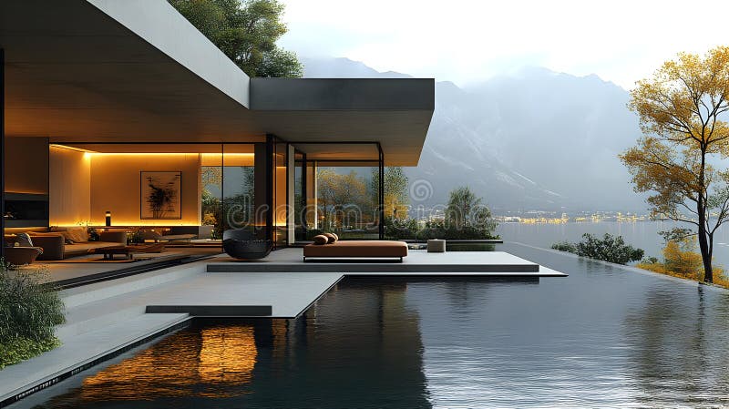 Modern Home with Infinity Pool and Mountain View 3D Illustration Stock ...