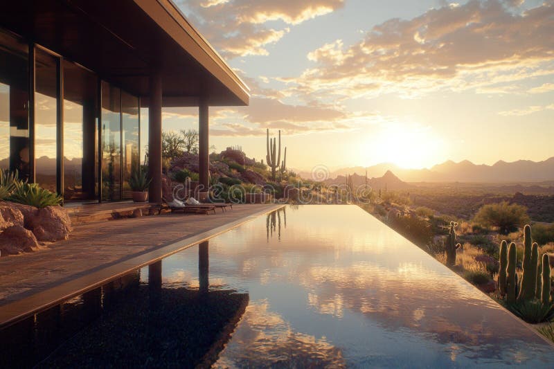 Modern Home with Infinity Pool Overlooking Desert Landscape at Sunset ...